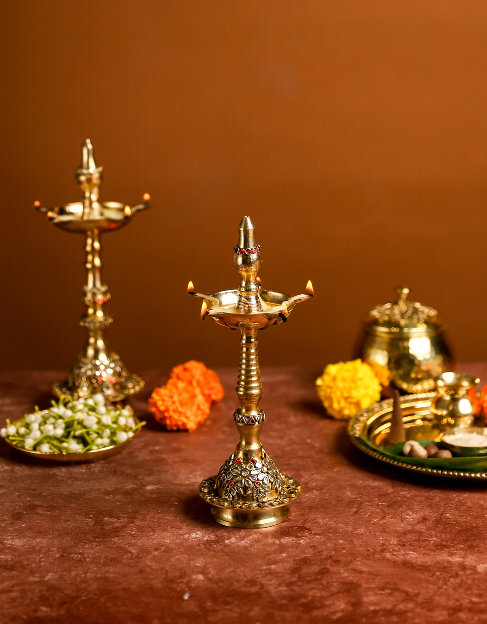 Big Brass Jyot – Embellished Temple Lamp – Cinco Livings
